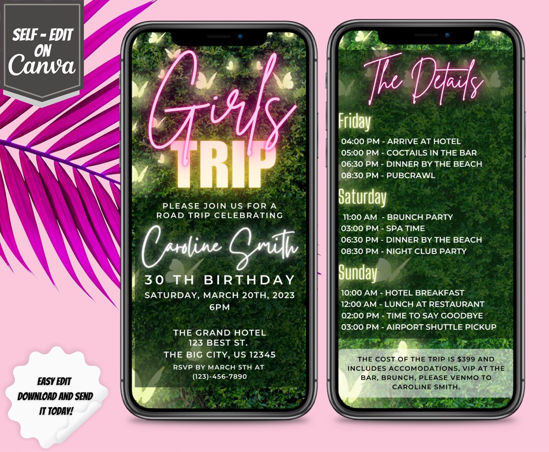 Editable Girls Trip Birthday Itinerary Template - Digital Greenery ...