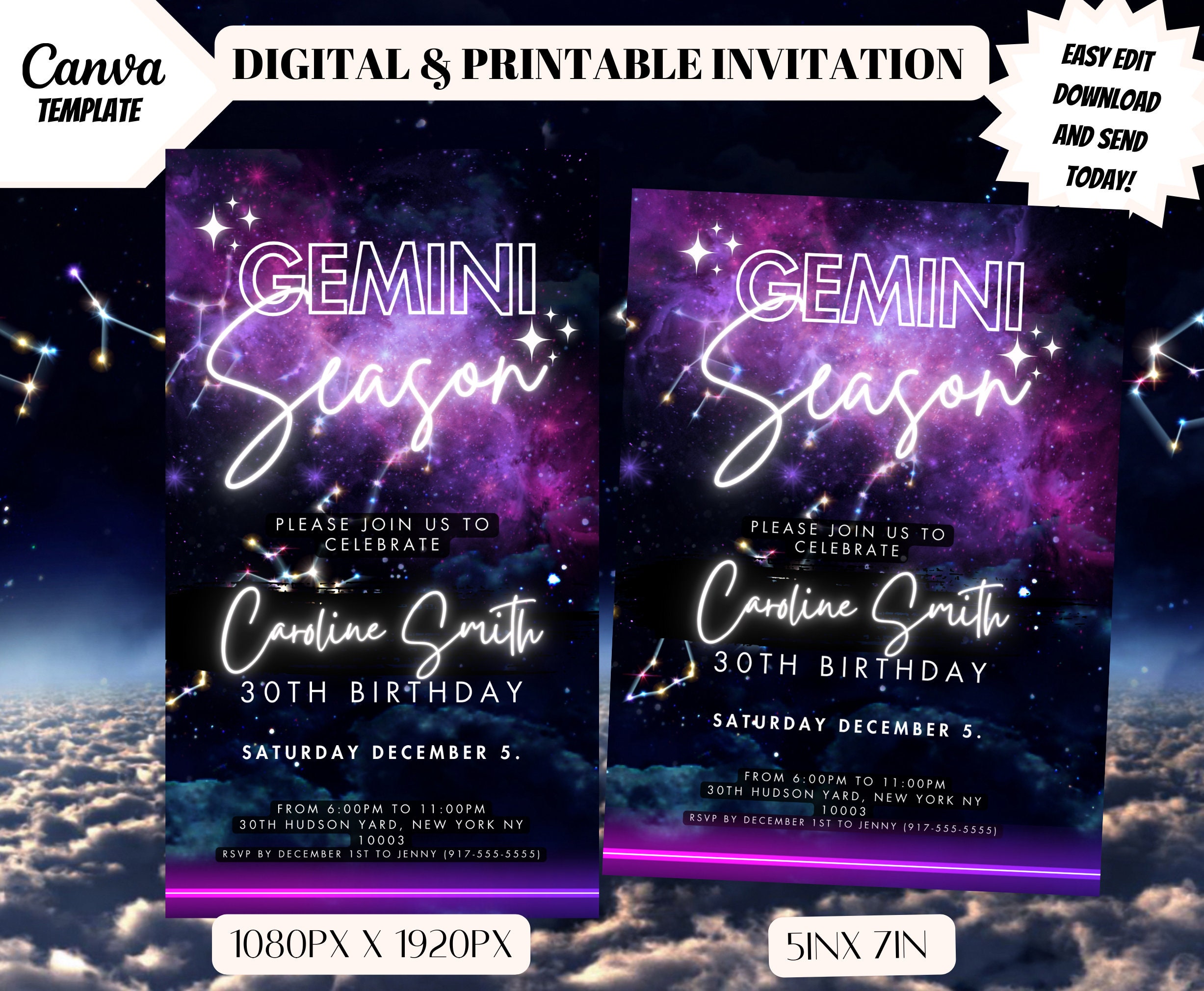 Purple Gemini Birthday Invitation - Digital & Printable (canva Template ...