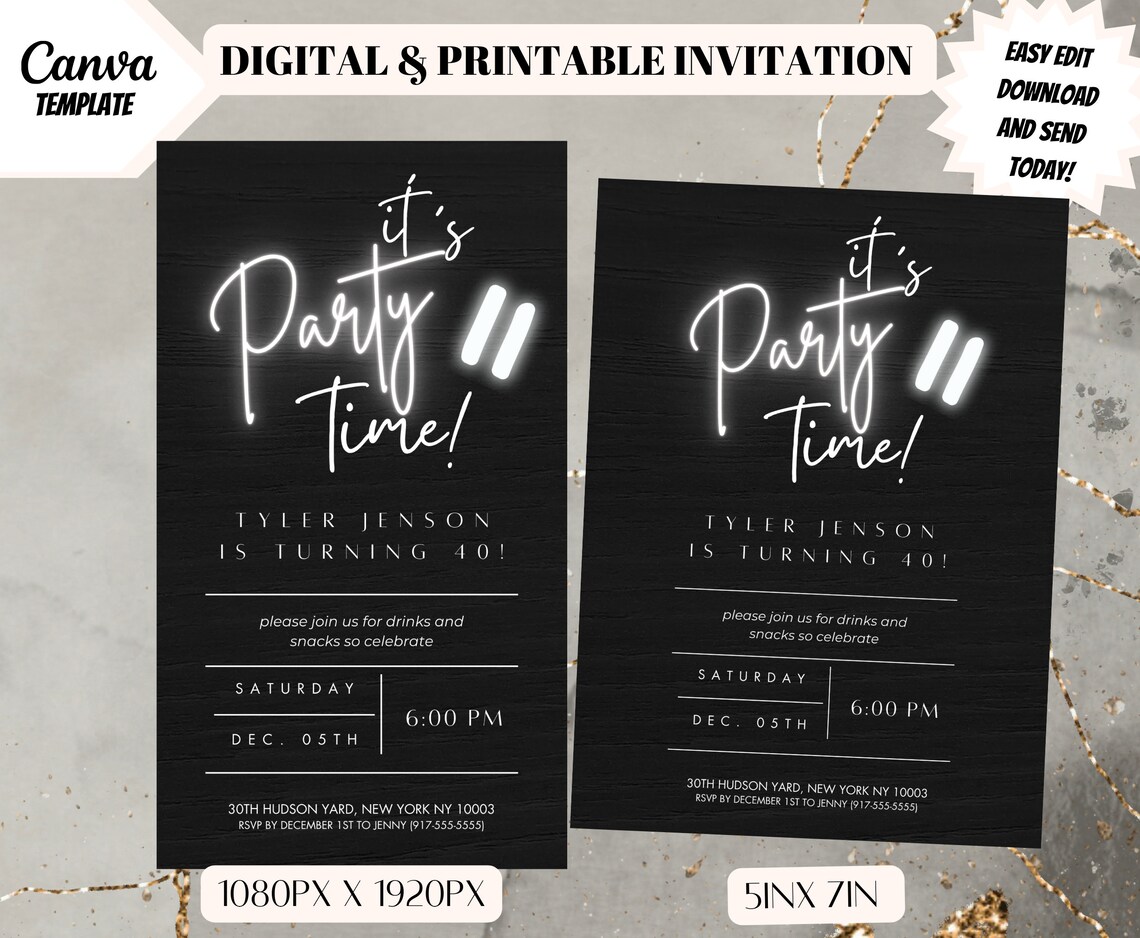 Black and White It's Party Time Birthday Invitation- Neon- Digital ...