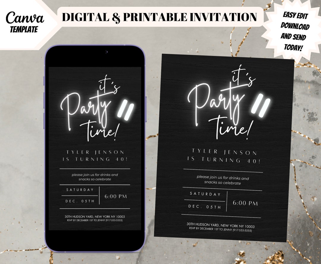 Black and White It's Party Time Birthday Invitation- Neon- Digital ...