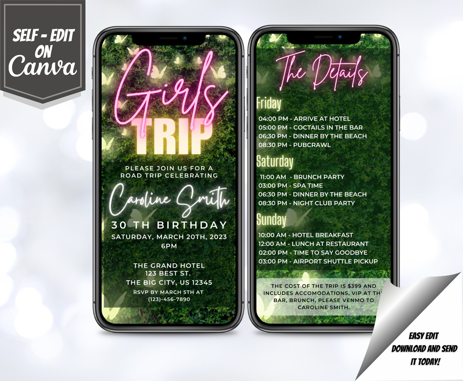 Editable Girls Trip Birthday Itinerary Template - Digital Greenery ...