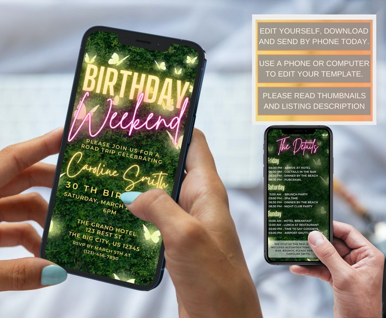 Neon Butterfly Birthday Weekend Invitation Template (PNG, PDF) - Etsy