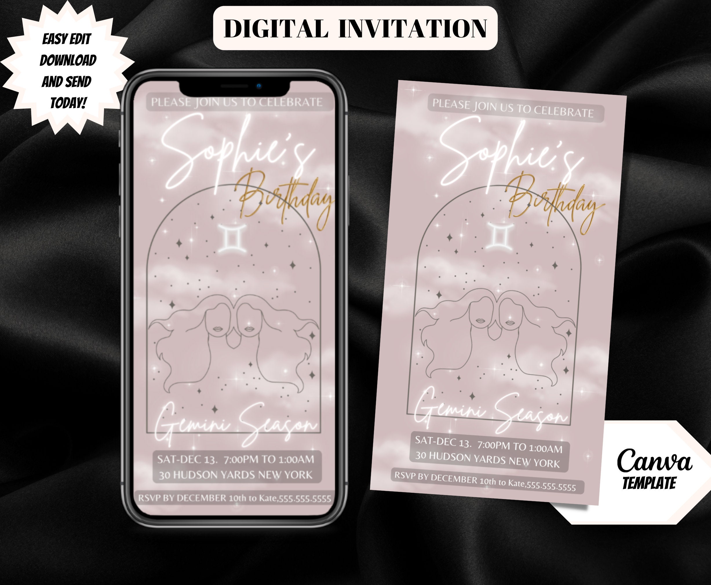 Gemini Birthday Invitation Card Instant Download Self Edit - Etsy