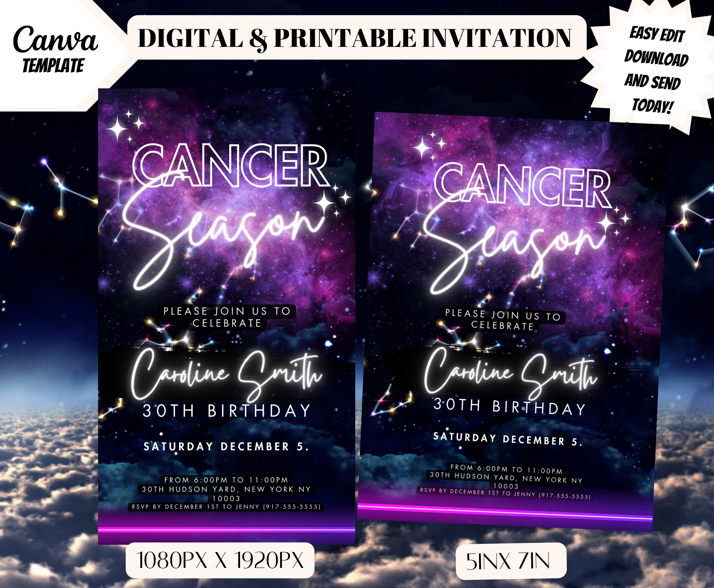 Cancer Season Birthday Invitation – Purple Zodiac Sign, Phone Invite ...