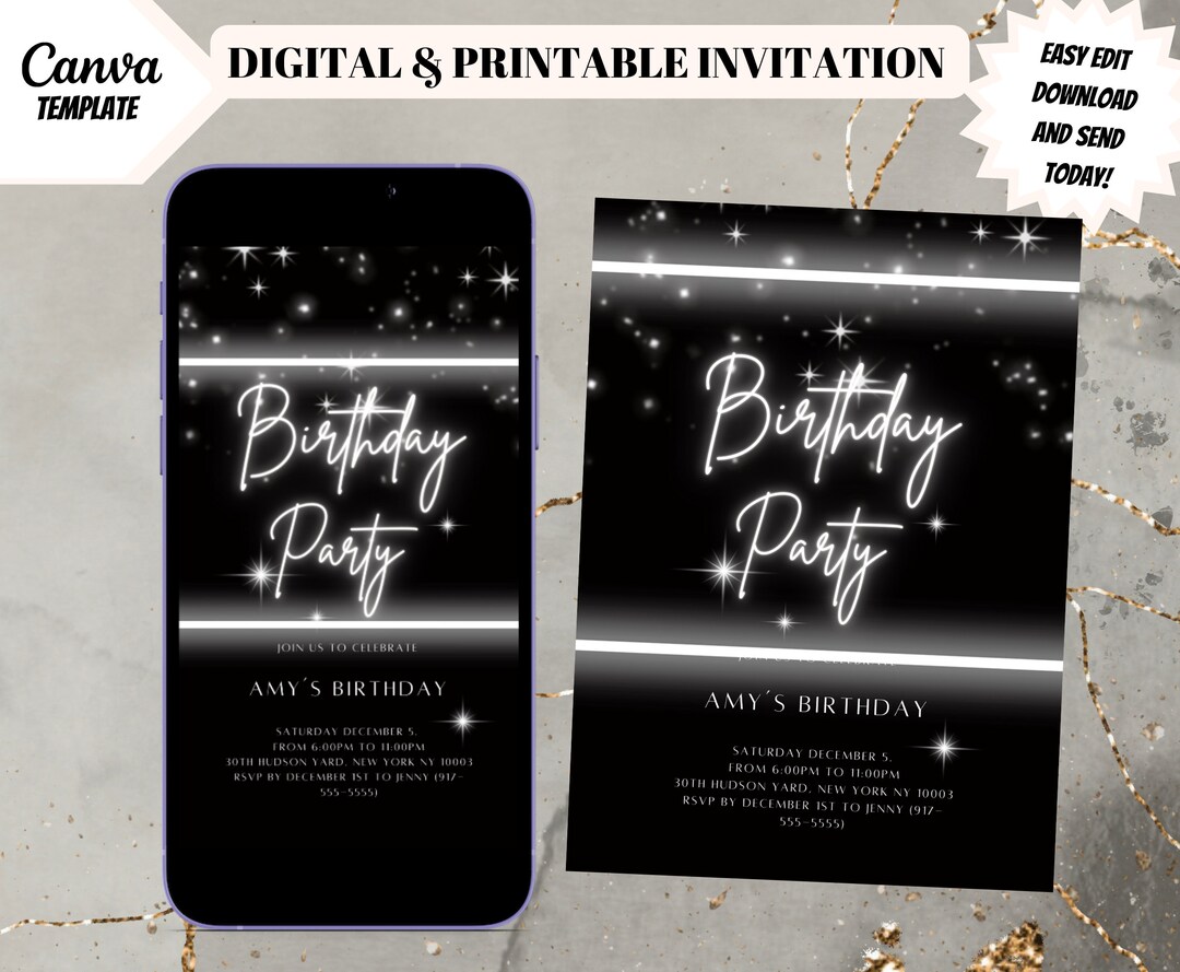 Neon Birthday Invitation Template – Black and White, Electronic Invite ...