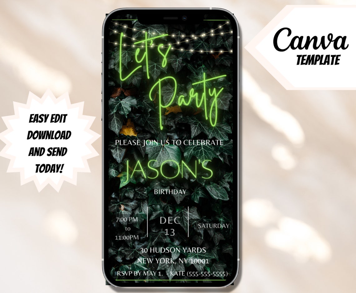 Digital Green Birthday Party Invitation, Electronic Birthday Invite ...