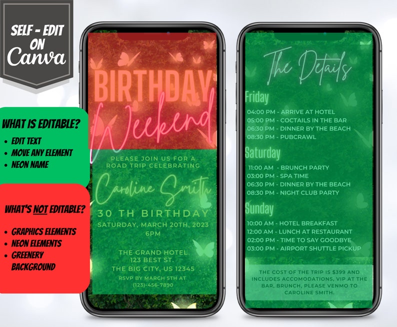 Birthday Weekend Invitation and Itinerary Template, Pink Neon ...