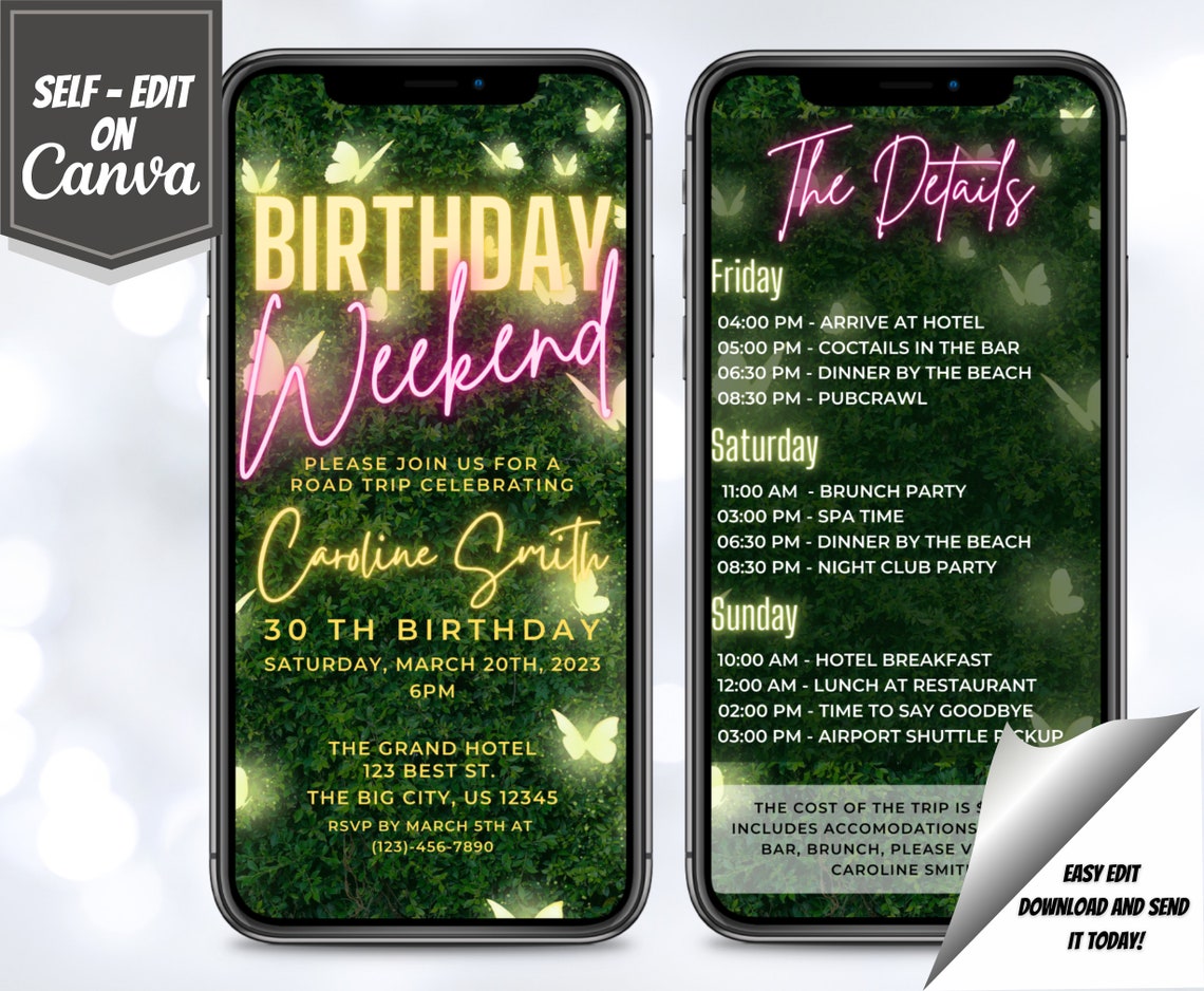Birthday Weekend Invitation and Itinerary Template, Pink Neon ...