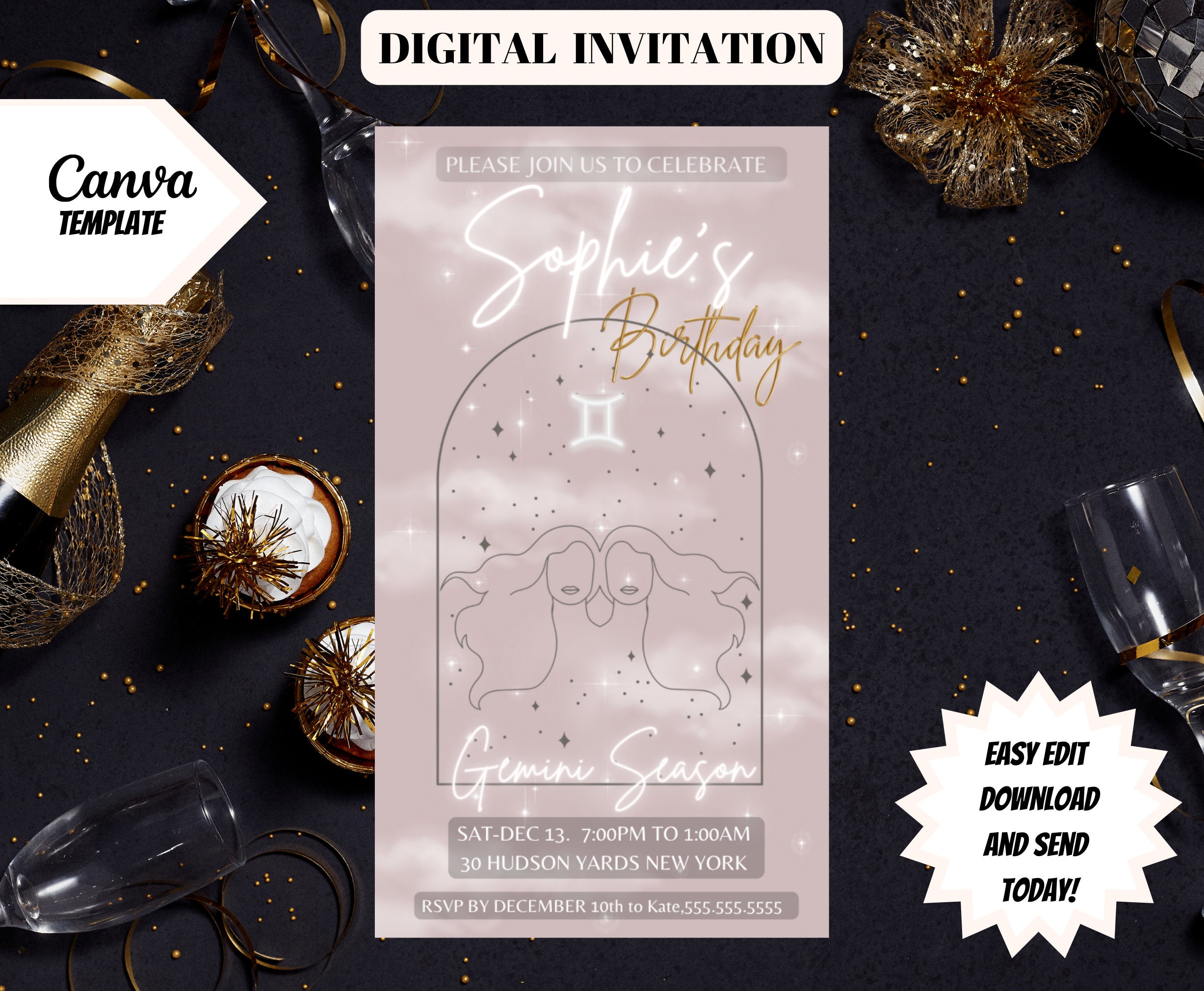 Gemini Birthday Invitation Card Instant Download Self Edit Printable ...
