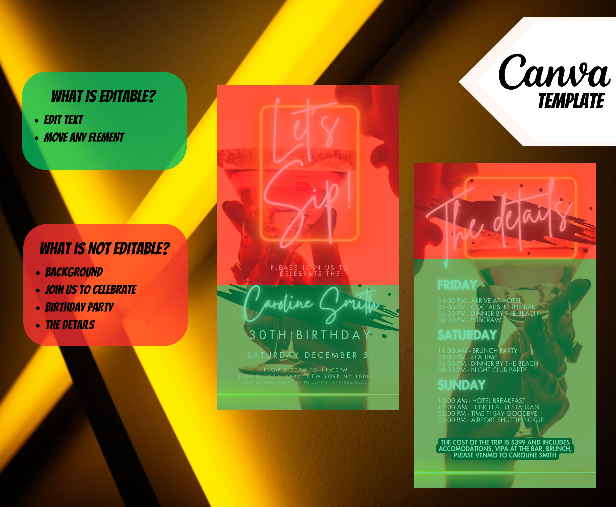 Let's Sip Invitation Itinerary Card- Edit Yourself- Orange Birthday ...