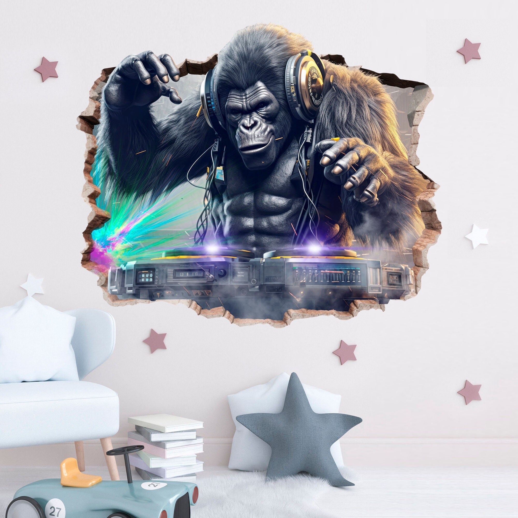 DJ Gorilla Wall Sticker, Musical Gorilla Wall Decal, Peel and Stick ...