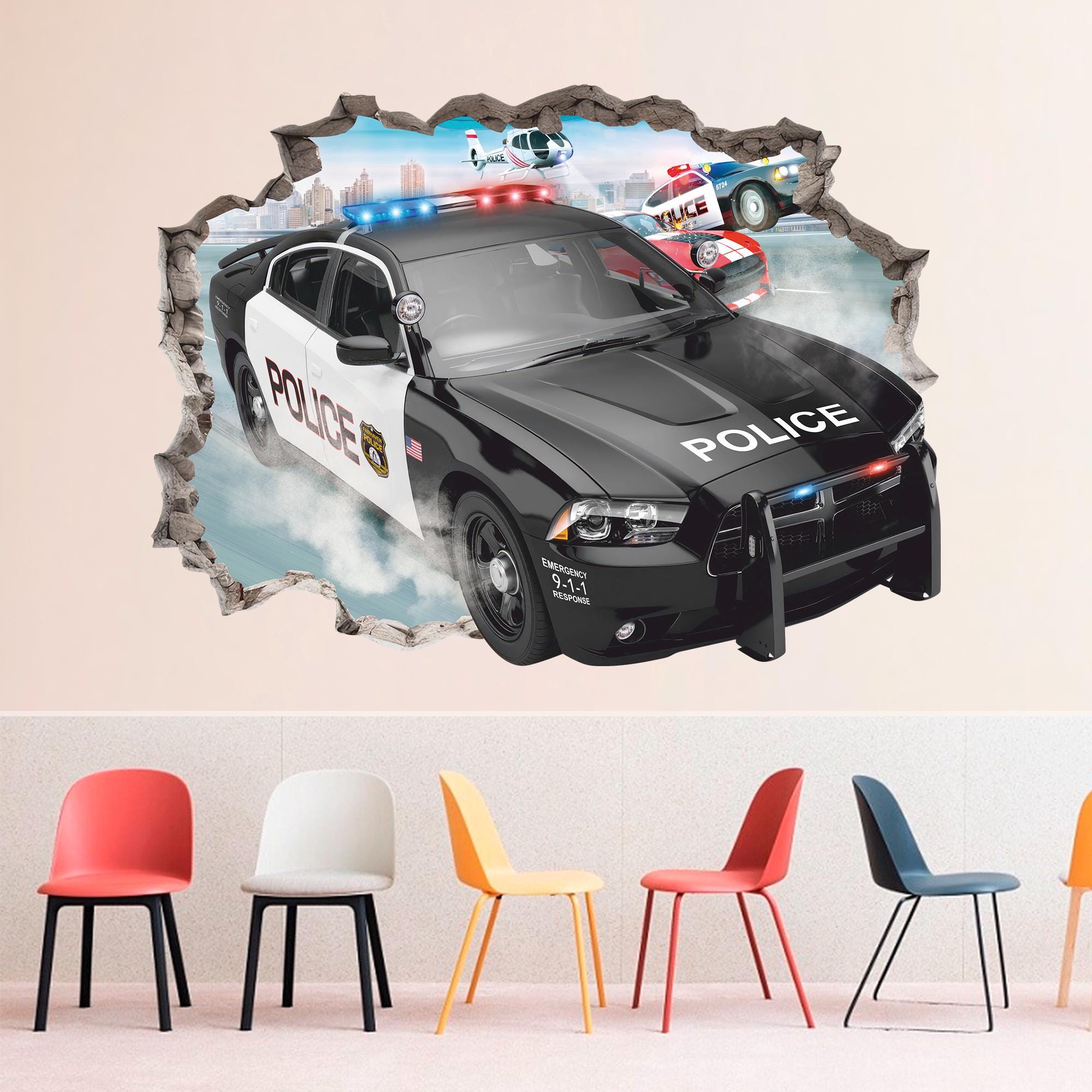 Police Wall Sticker, Police Cars Wall Decal, Chase, Peel and Stick ...