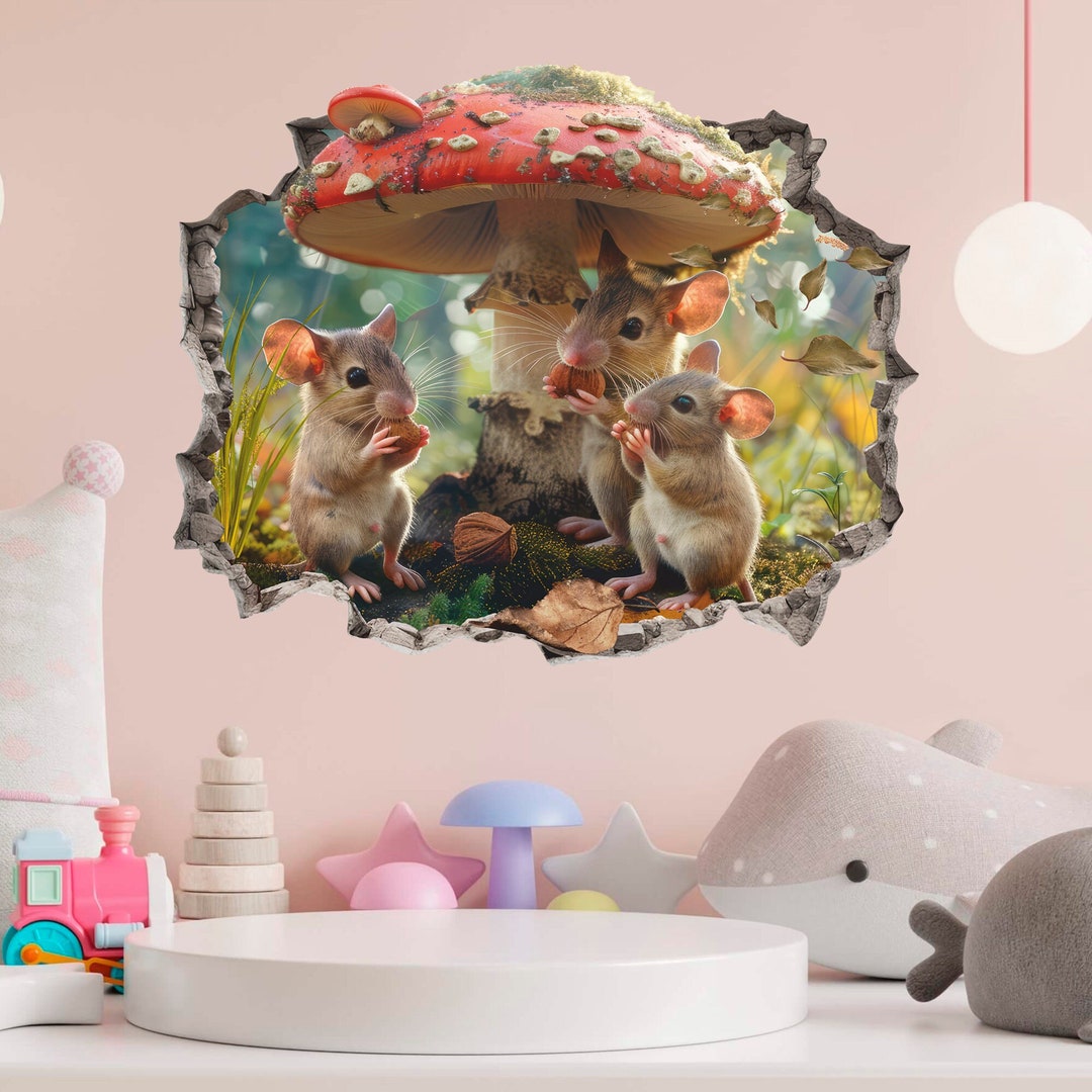 Mice Wall Sticker, Mouse Under the Mushroom Wall Decal, Peel and Stick ...