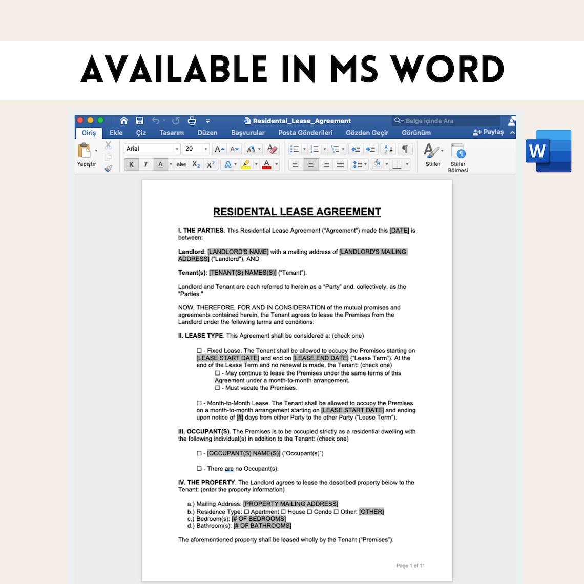 Editable Residential Lease Agreement Template Microsoft Word | Lease ...