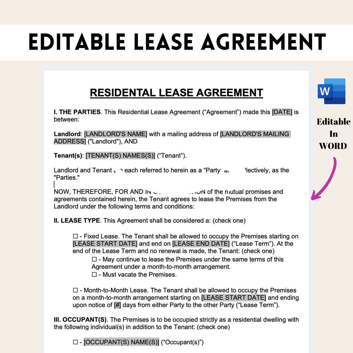 Editable Residential Lease Agreement Template Microsoft Word | Lease ...