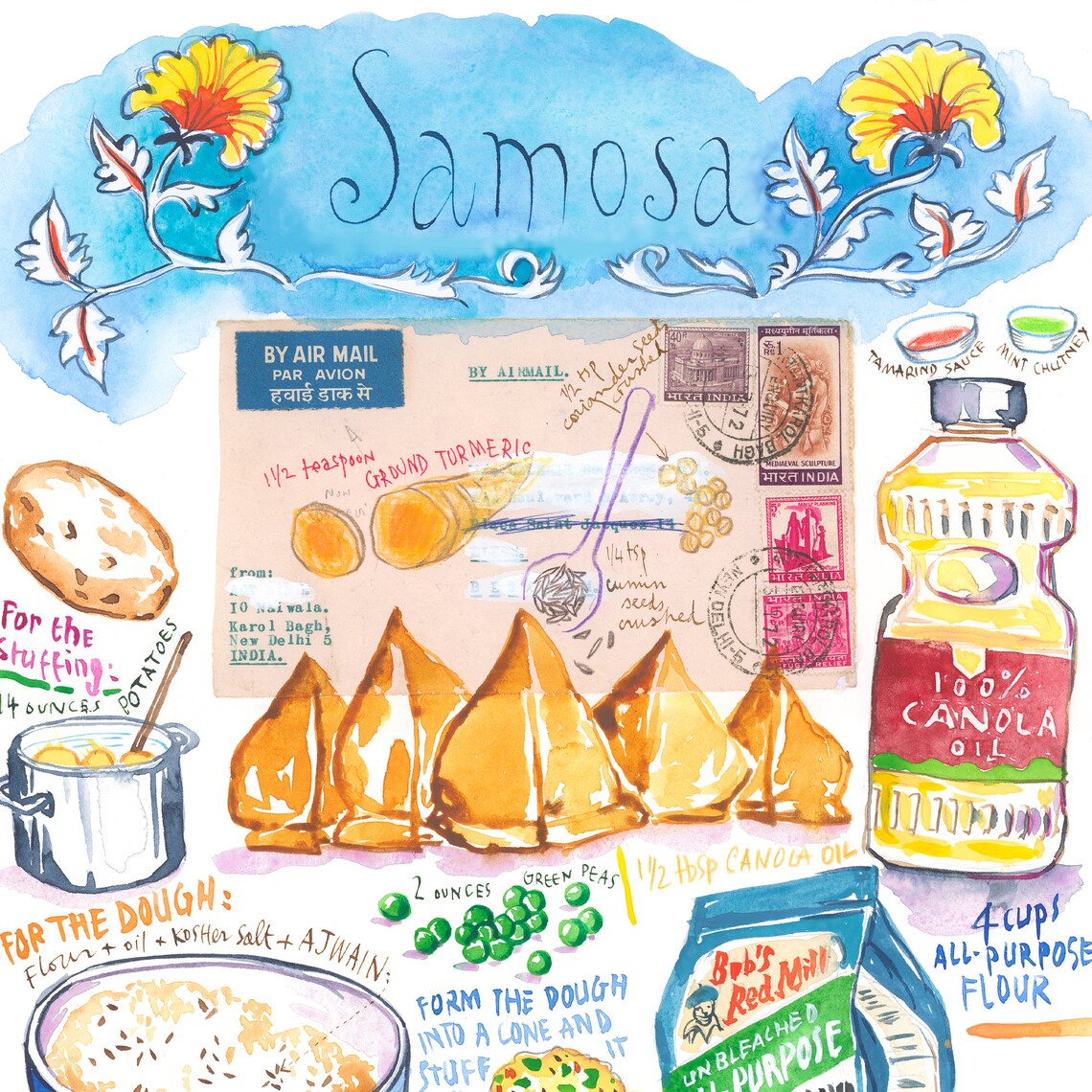 Large Indian Food Print, Samosa Recipe Poster, Watercolor Painting ...