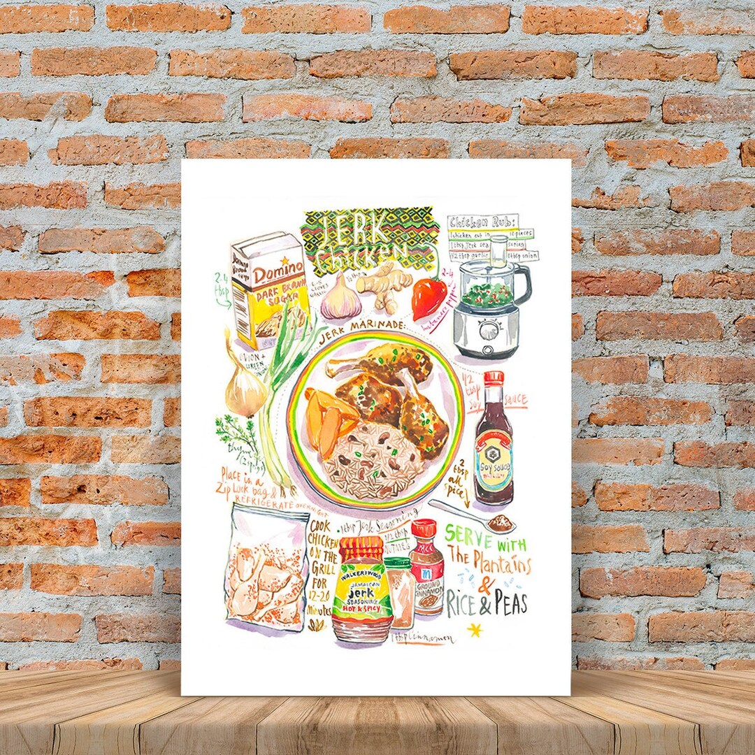 Large Jerk Chicken Recipe Poster, Jamaican Cuisine Print, Kitchen Wall ...