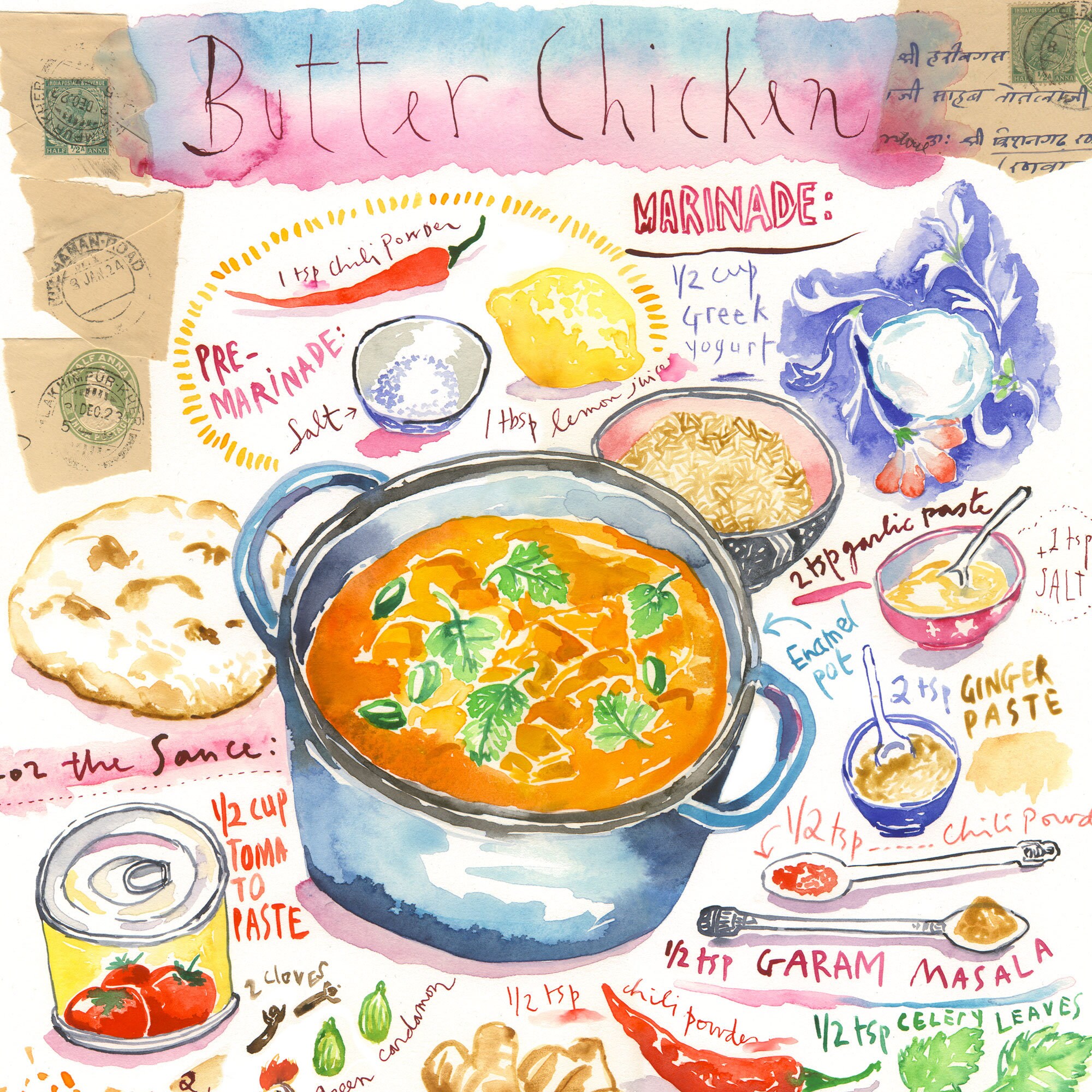 Large Indian Butter Chicken Recipe Poster, Home Decor, Watercolor ...