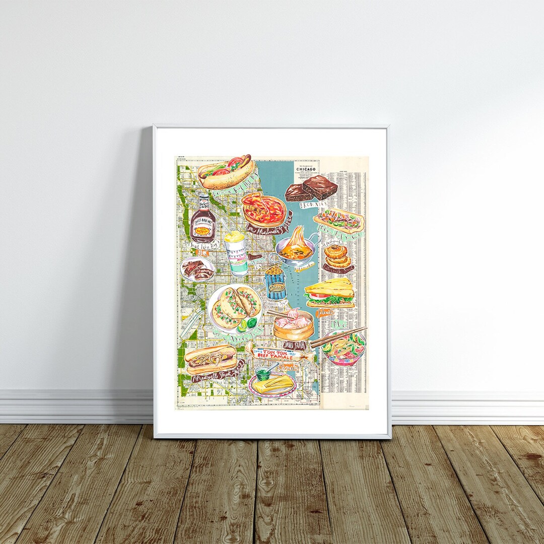 Large Chicago Food Map Print, Watercolor Painting, Illinois Cooking ...
