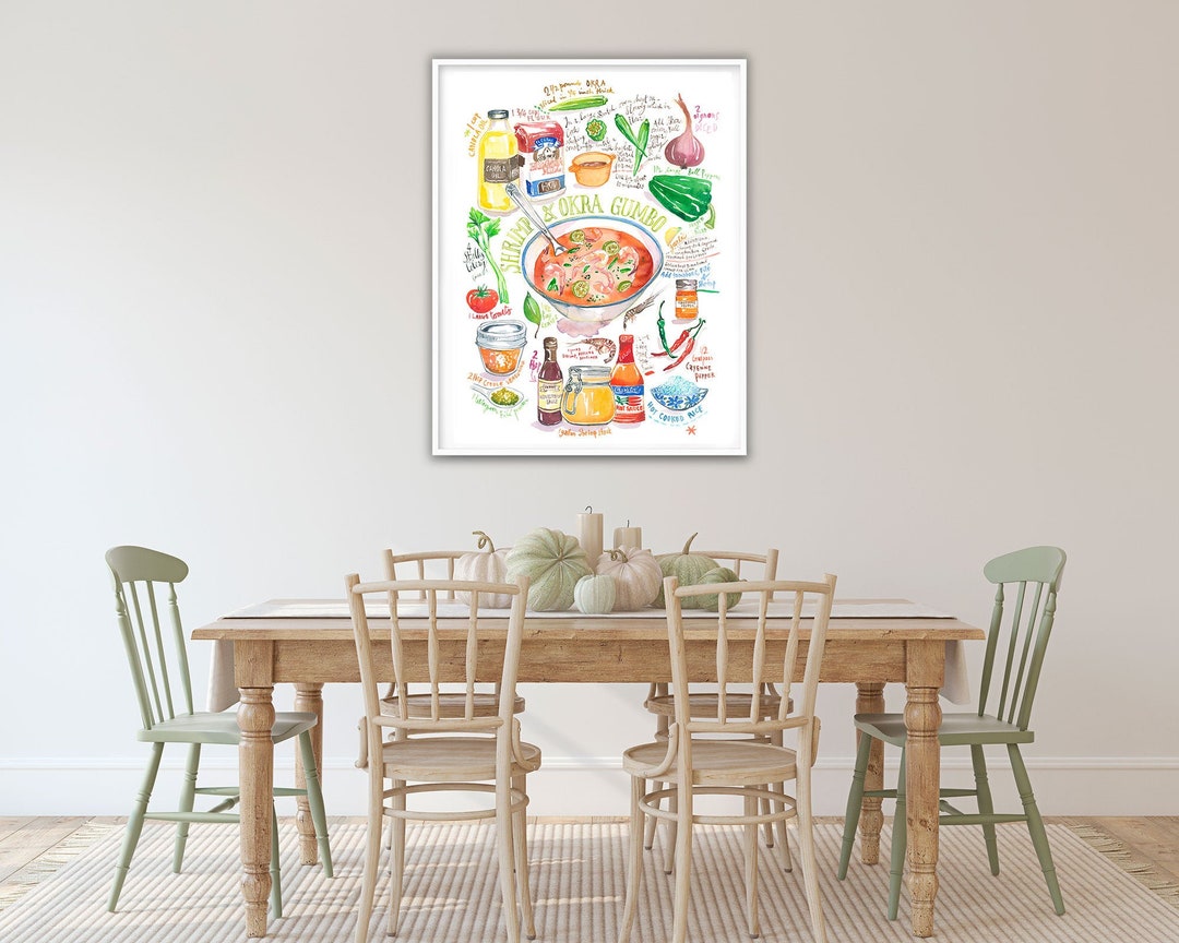 Large Shrimp and Okra Gumbo Recipe Wall Art, Soul Food Print, Colorful ...
