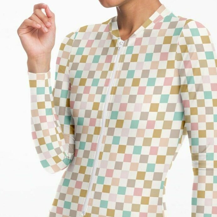 Retro Check One Piece Swimsuit Women Long Sleeve Checkered Bathing Suit ...