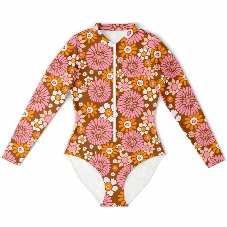 70s Long Sleeve Swimsuit, Floral Surfer Suit, One Piece Women Bodysuit ...