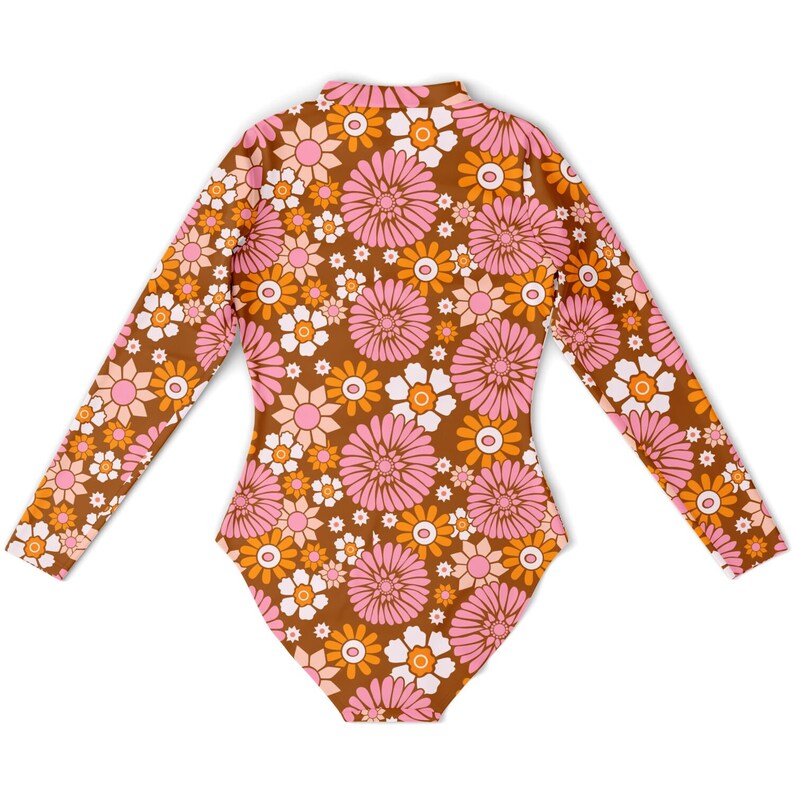 70s Long Sleeve Swimsuit, Floral Surfer Suit, One Piece Women Bodysuit ...
