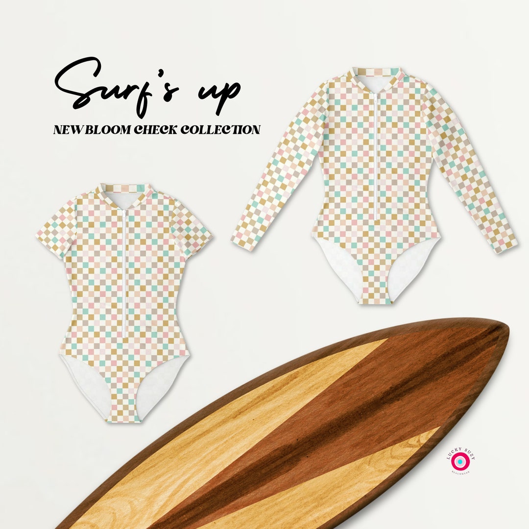 Retro Check One Piece Swimsuit Women Long Sleeve Checkered Bathing Suit ...