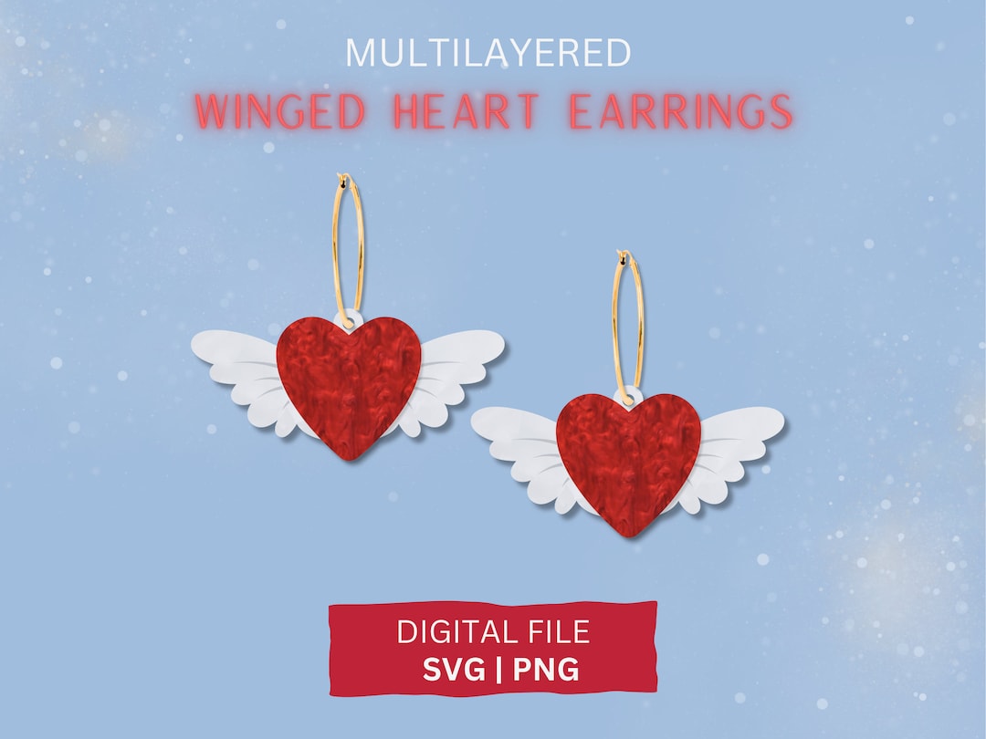 Winged Heart Earring SVG, Valentine's Day Earring SVG, Love Earring Cut ...