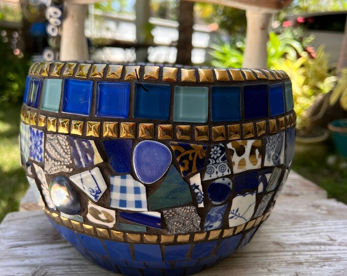 Support Israeli Artist: A Clay Pot, Mosaic in Blue and Gold, Elegant ...