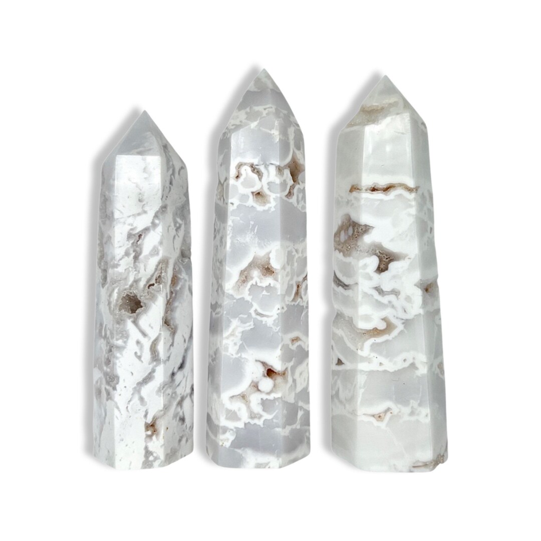 Druzy White Agate Towers, White Agate Points, White Plume Agate, Snow ...