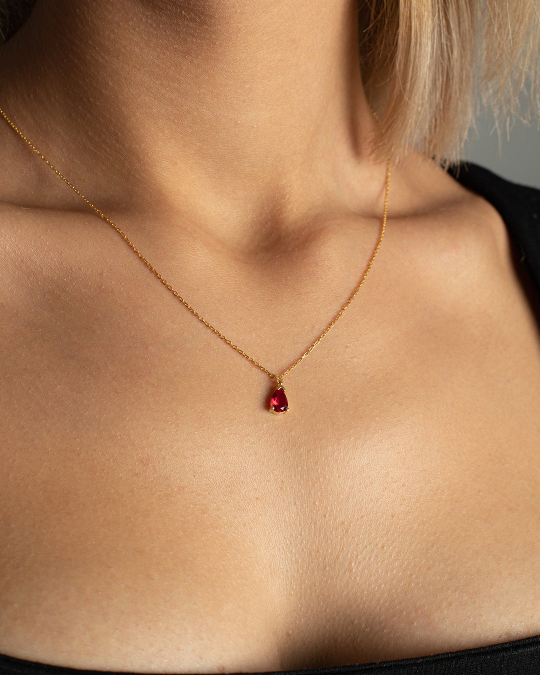 Red Ruby Gemstone Necklace, Tiny Ruby Necklace, July Birthstone Ruby Stone Necklace, Teardrop ...