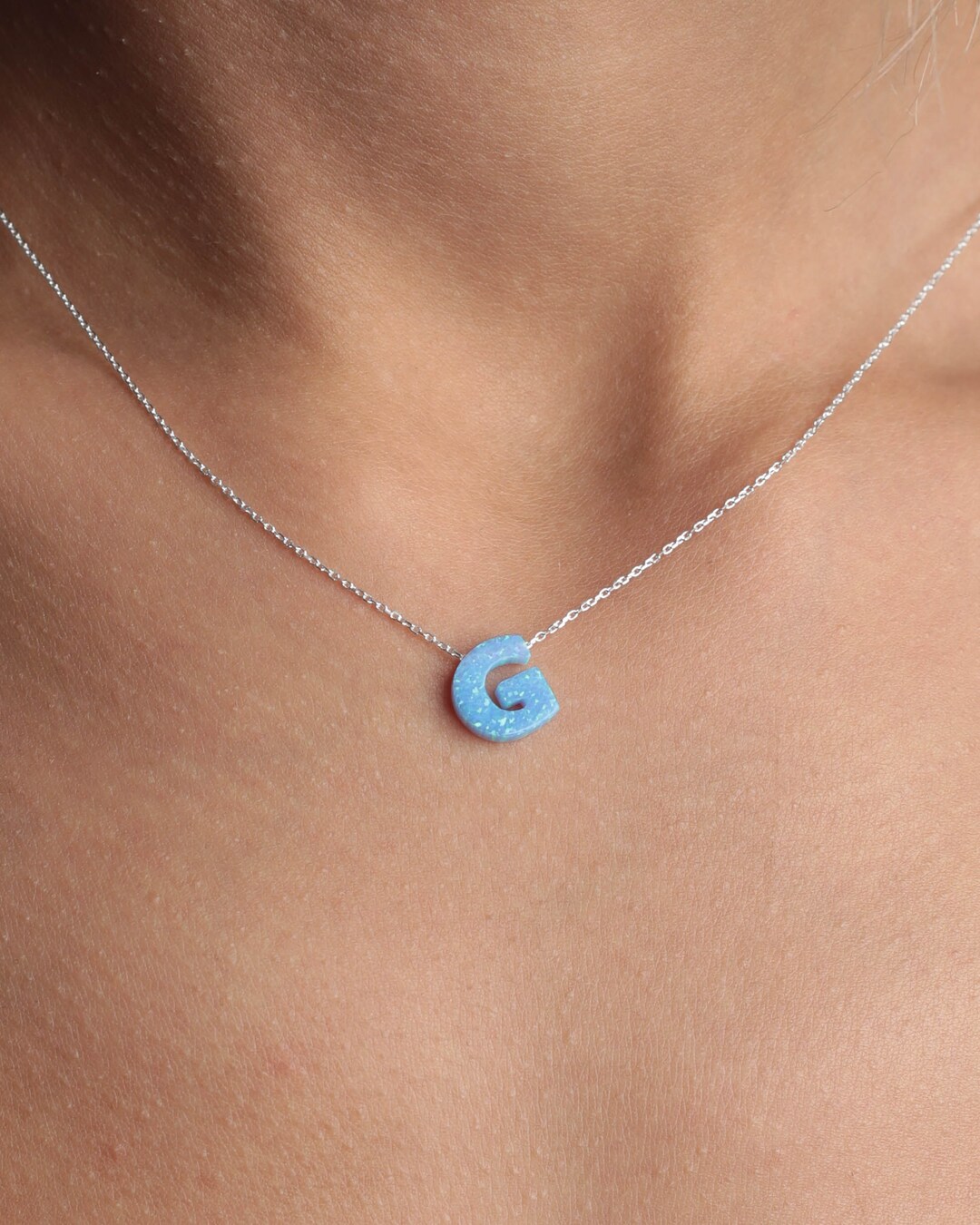 Blue and White Opal Gold Chain Letter Necklace, Opal Baed Necklace ...