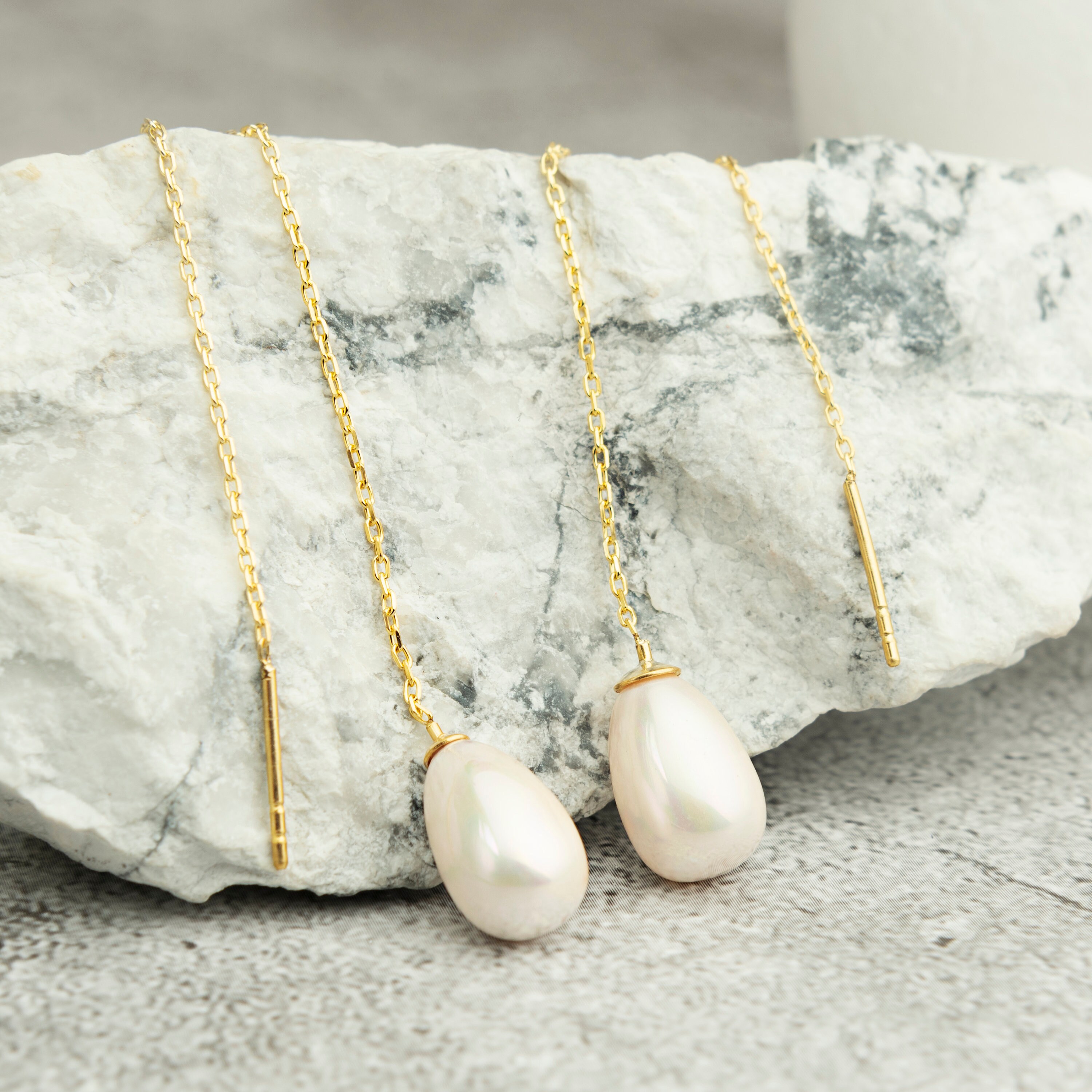 14k Gold Threader Earrings, Crystal Pearl Drop Earrings, Long Chain ...
