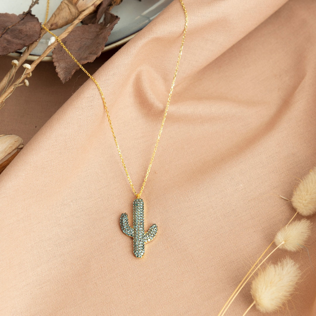 Cactus Necklace, Sterling Silver Cactus Necklace, Green Cubic Zircona ...