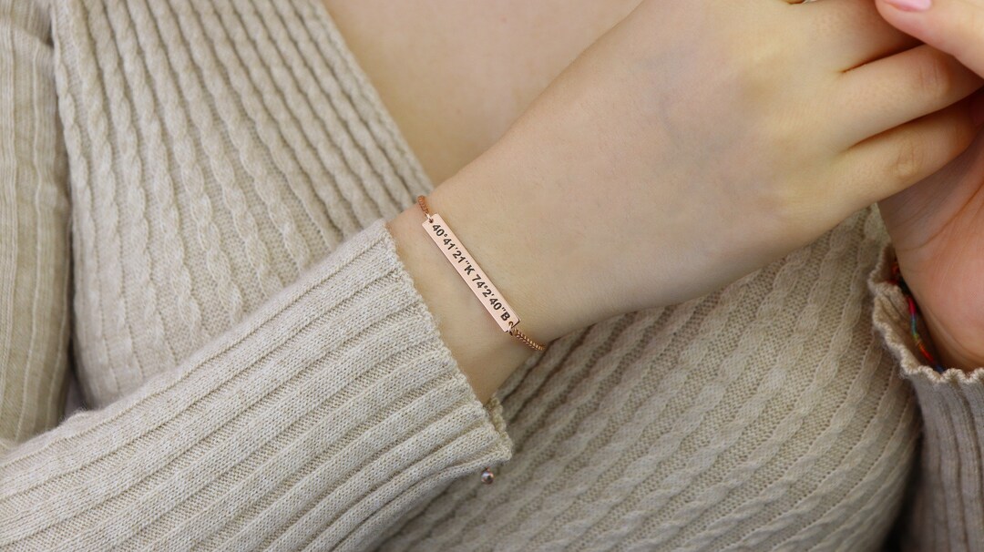 Sterling Silver Personalized Bar Bracelet: Rose Gold Slider Charm ...