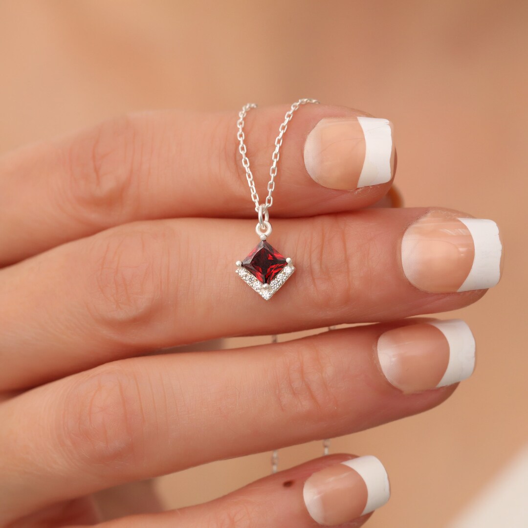 Ruby Princess Cut Necklace: Sterling Silver Diamond Pave, July ...