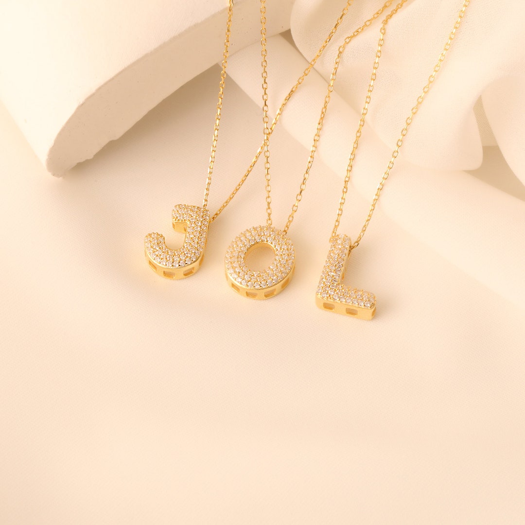 Bubble Initial Pendant Necklace Diamond Pave Balloon Letter Gold ...