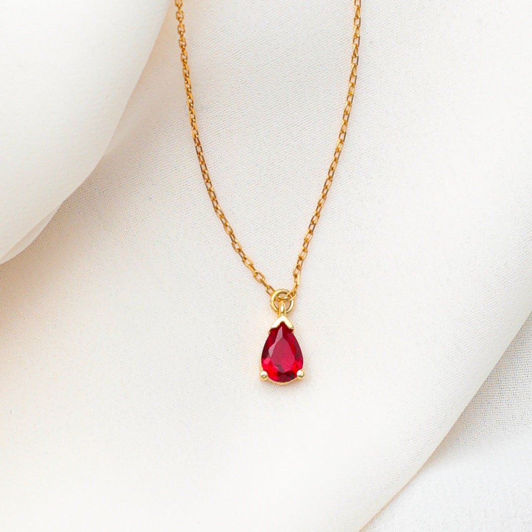 Red Ruby Necklace, Dainty Teardrop Red Ruby Pendant, July Birthstone ...