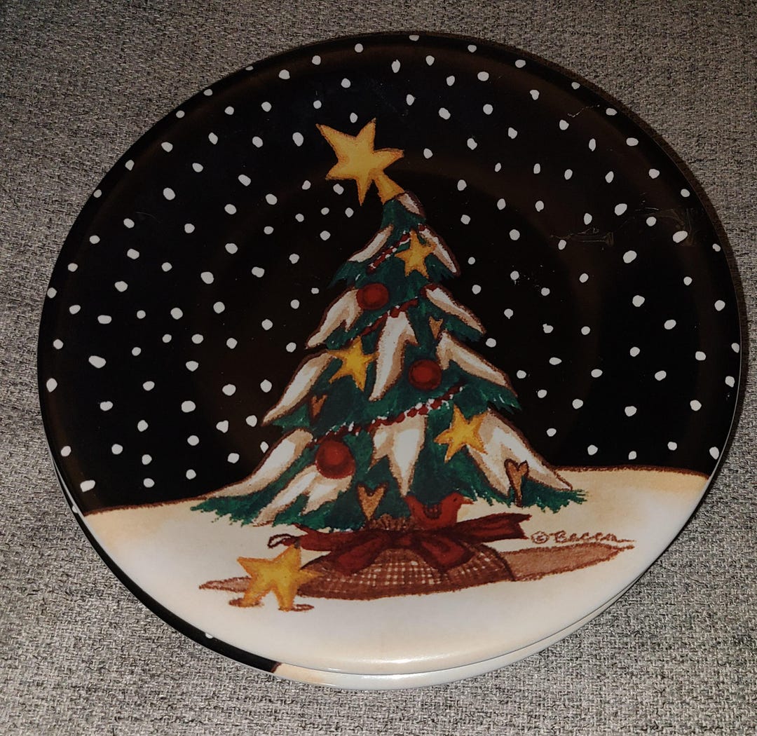 Set of 4 Midnight Christmas Tree Becca Barton Salad / Dessert Plates 8 ...
