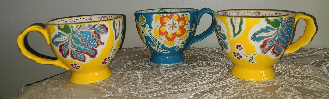 Set of 3 Dutch Wax Mug (2) Yellow + (1) Teal Coffee Cups Hand Painted ...