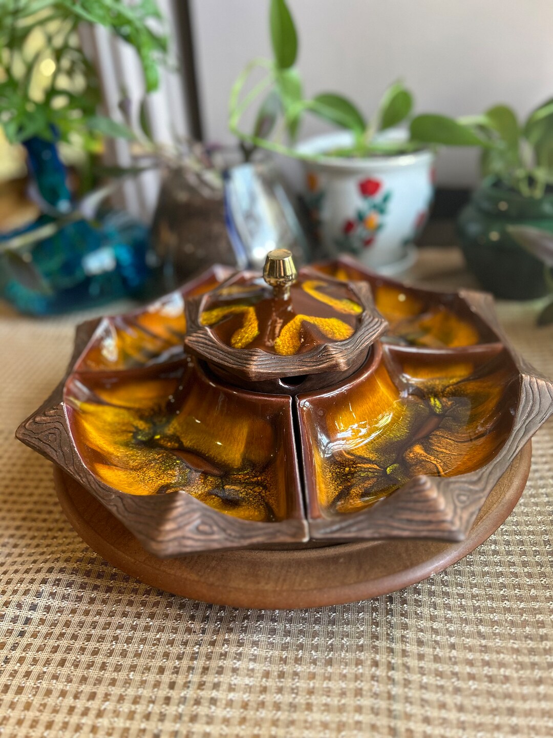 Vintage Retro Pottery Glazed Appetizer/chip and Dip Lazy Susan - Etsy