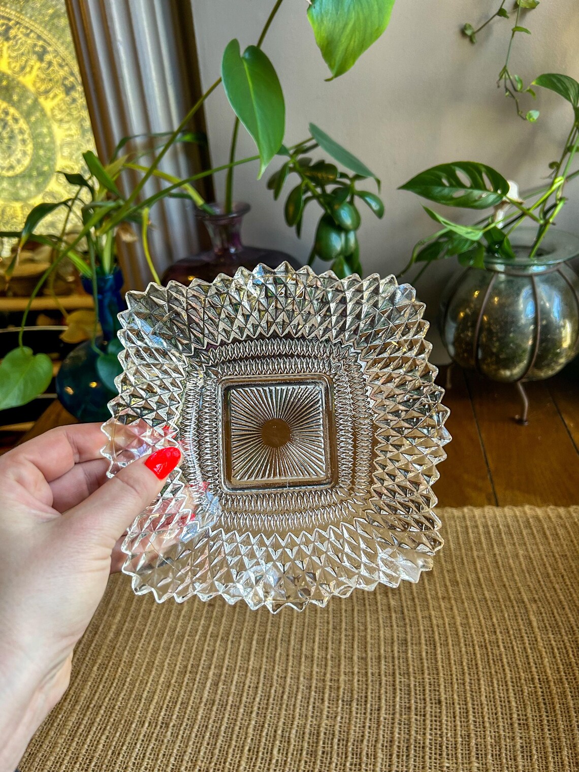 Vintage Federal Glass Square Diamond Point Ruffled Mint Dish - Etsy