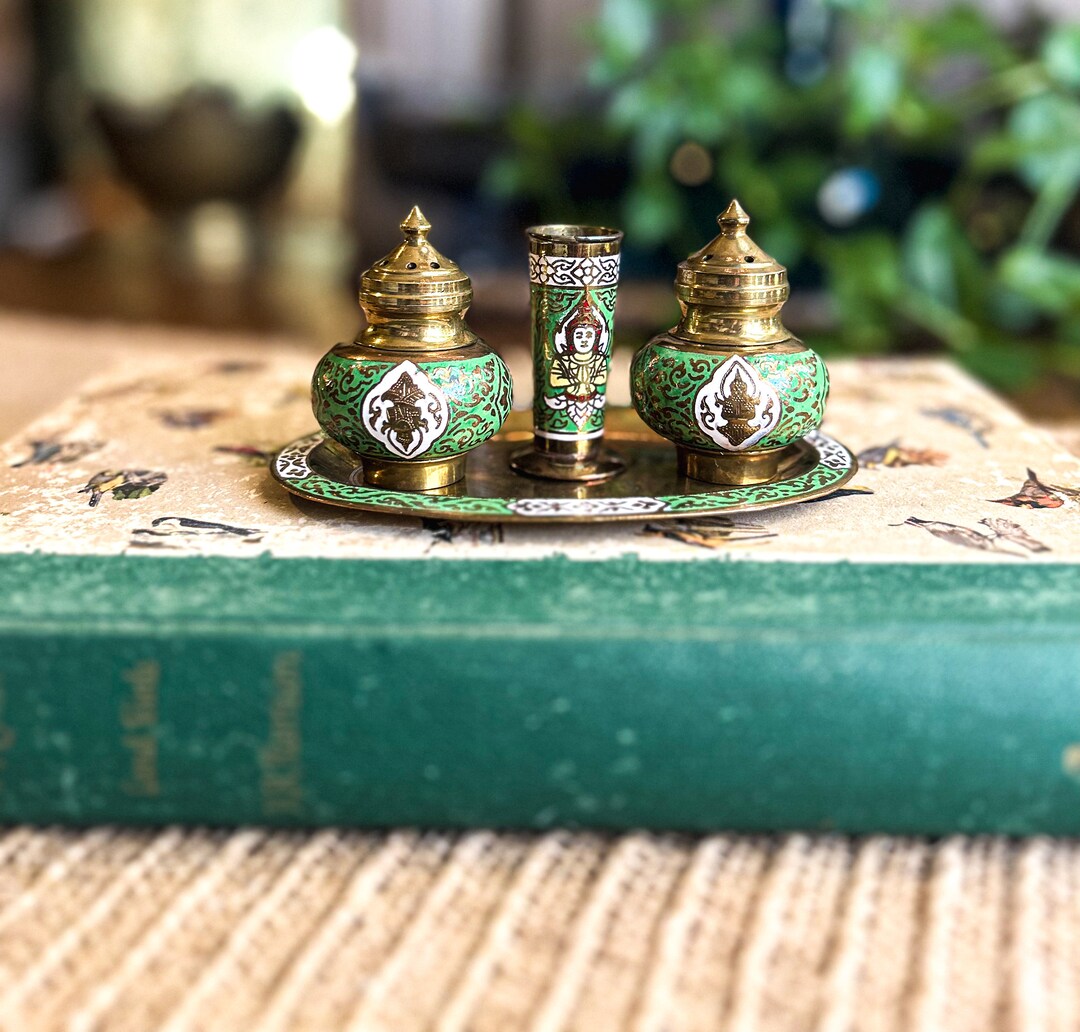 Vintage Green Enamel and Brass Buddha Salt & Peper Shakers, Toothpick ...
