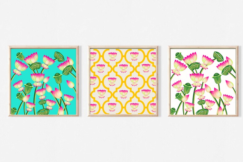 Set of 3 Indian Pichwai Lotus Pattern Wall Art Indian Folk Abstract ...