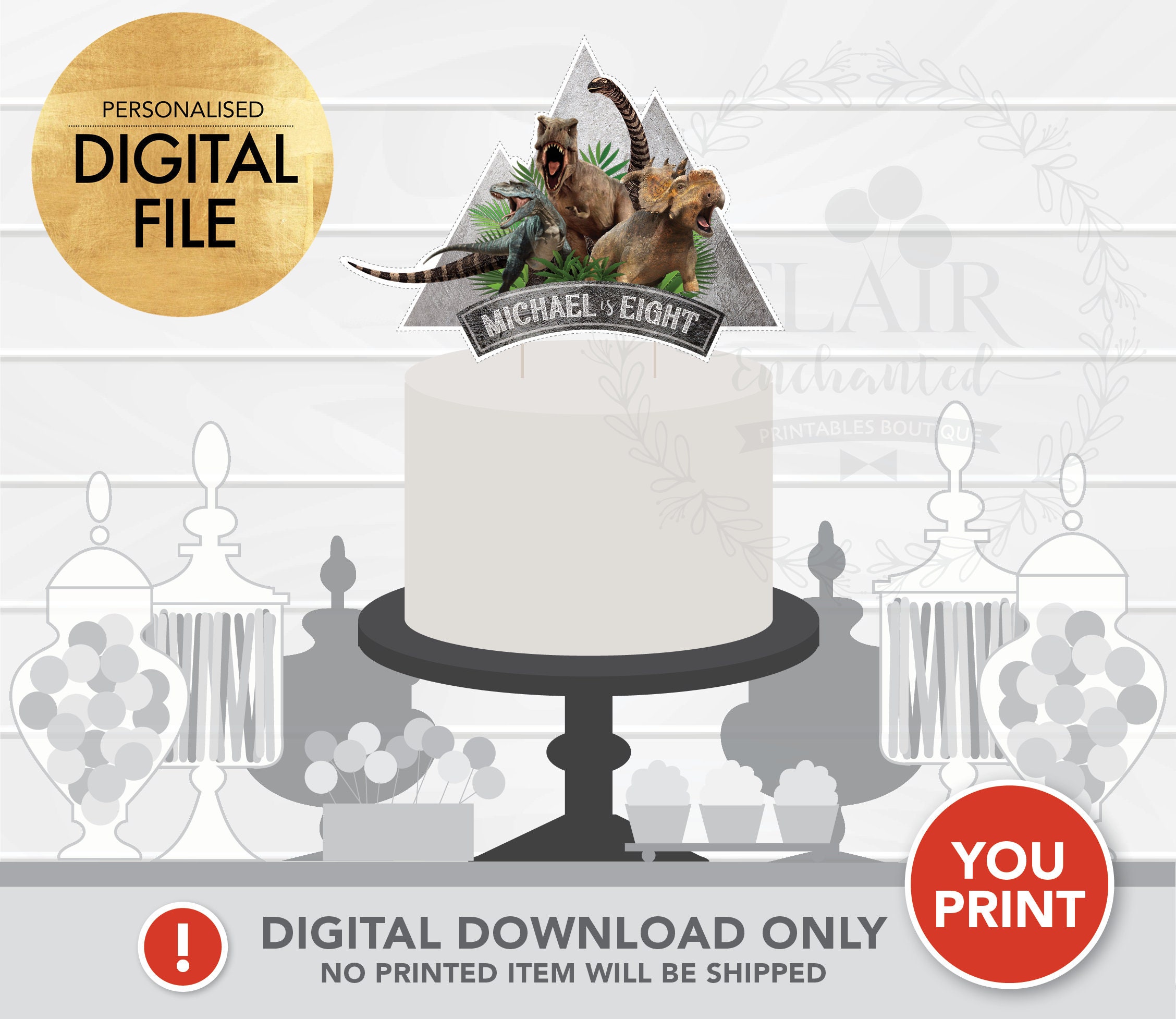 Dinosaur Jurassic Cake Topper PRINTABLE, Dinosaur Cake Decoration ...