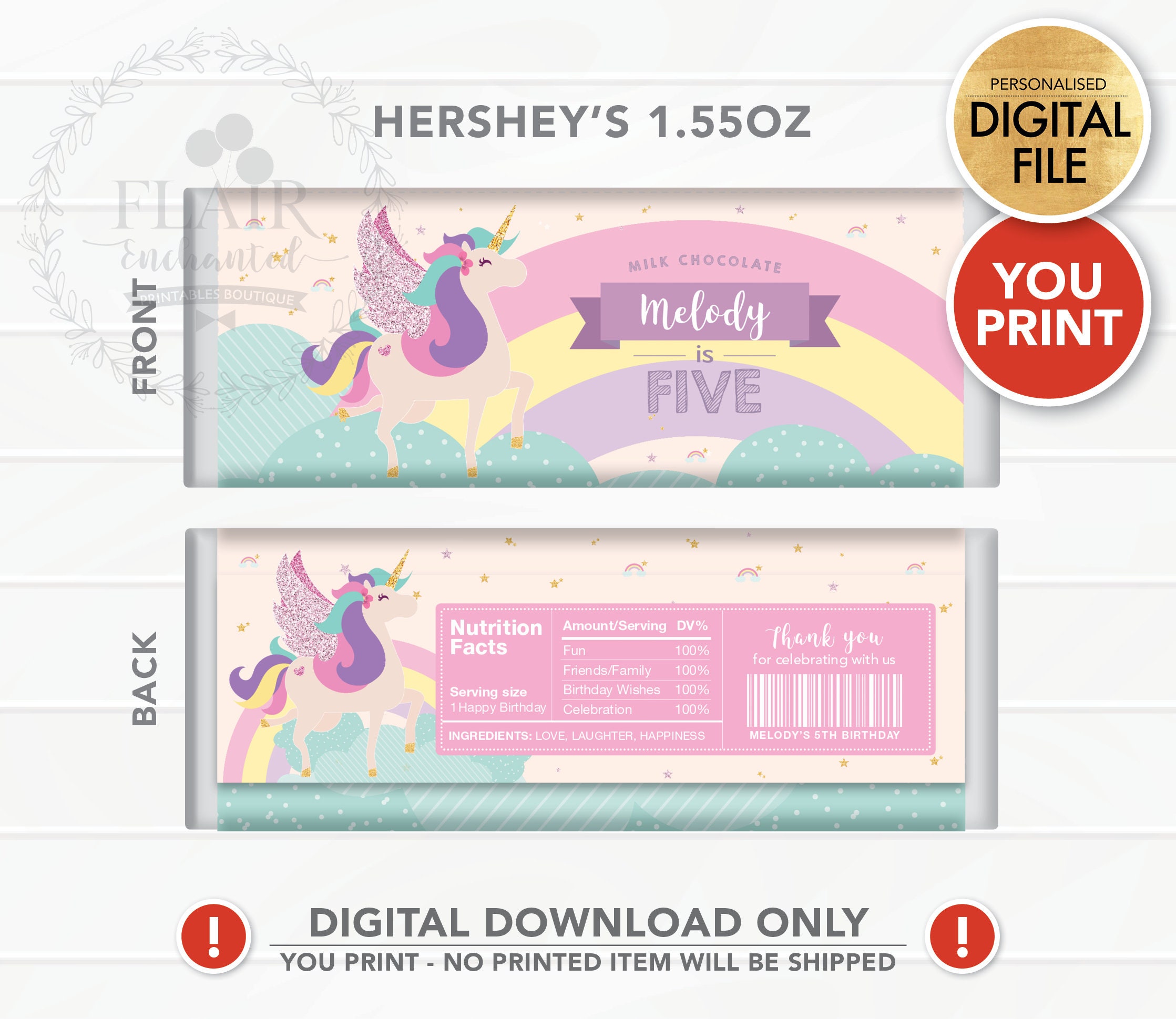 DIGITAL Unicorn Chocolate Bar Wrapper, Candy Bar Wrapper, Personalized ...