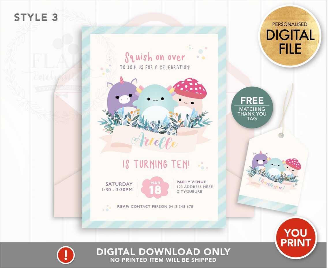 Cute Squishes Personalised Birthday Invitation PRINTABLE, Kawaii ...
