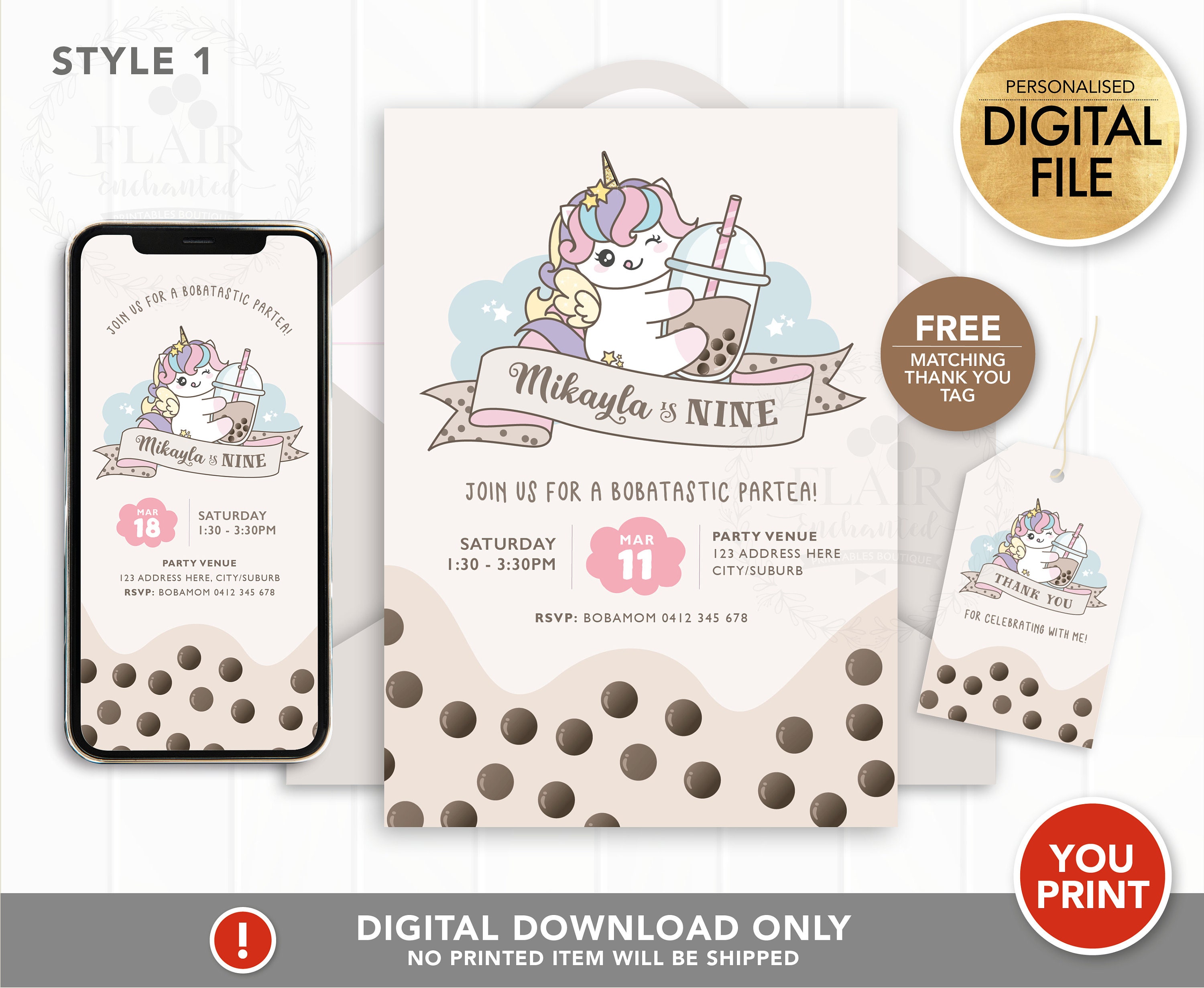 Boba & Unicorn Cute Personalised Birthday Invitation PRINTABLE, Bubble ...