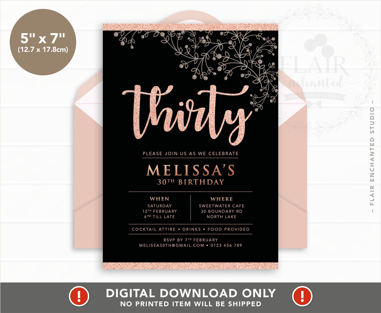 Milestone Age Birthday Invitation PRINTABLE, Black Rose Gold ...